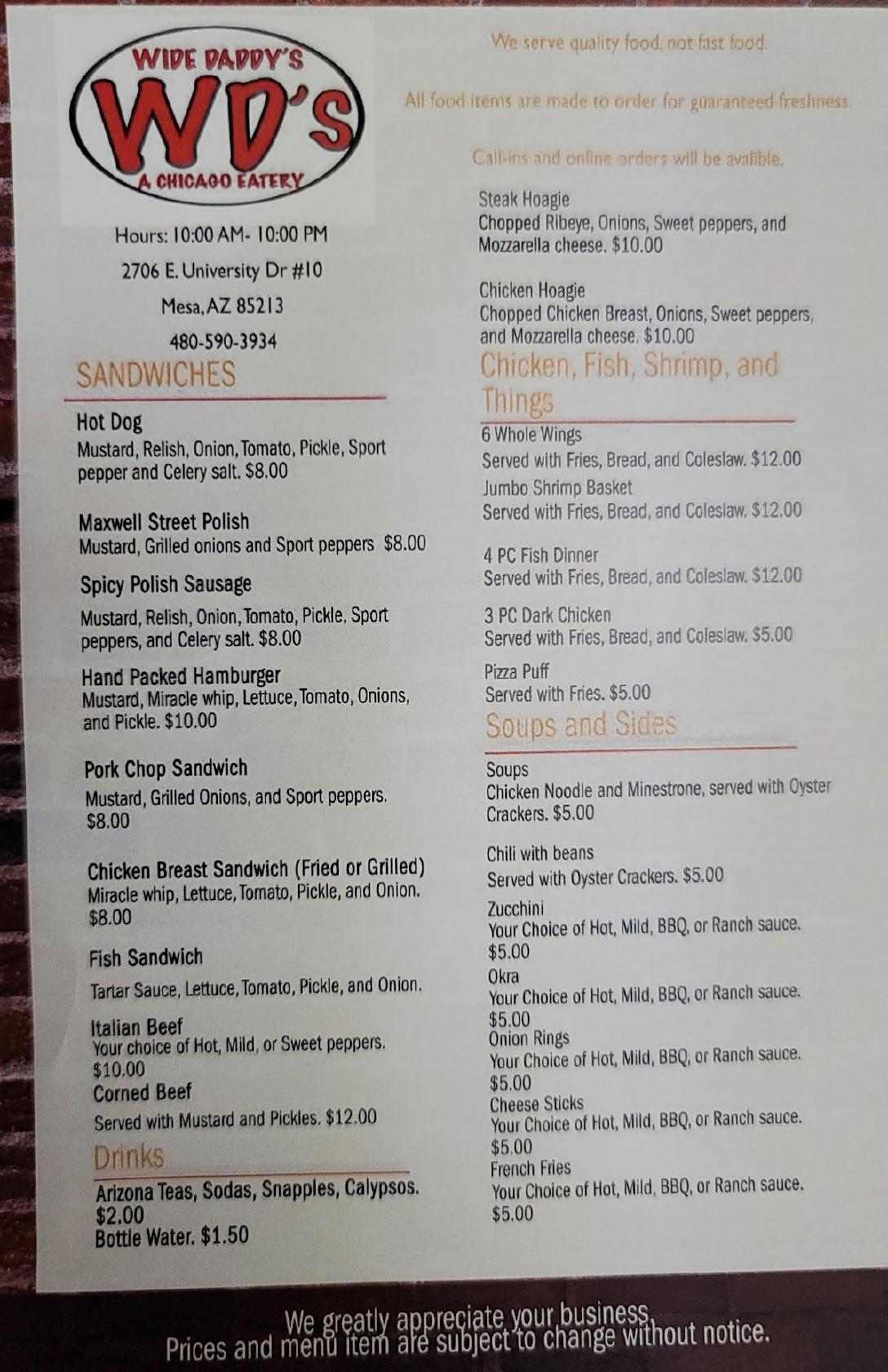 Menu at Wide Daddys LLC restaurant, Mesa