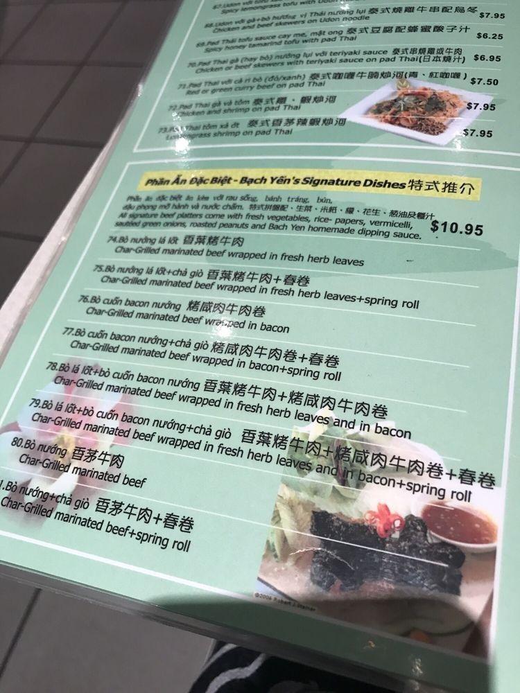 Menu at Bach Yen Vietnamese Cuisine restaurant, Toronto