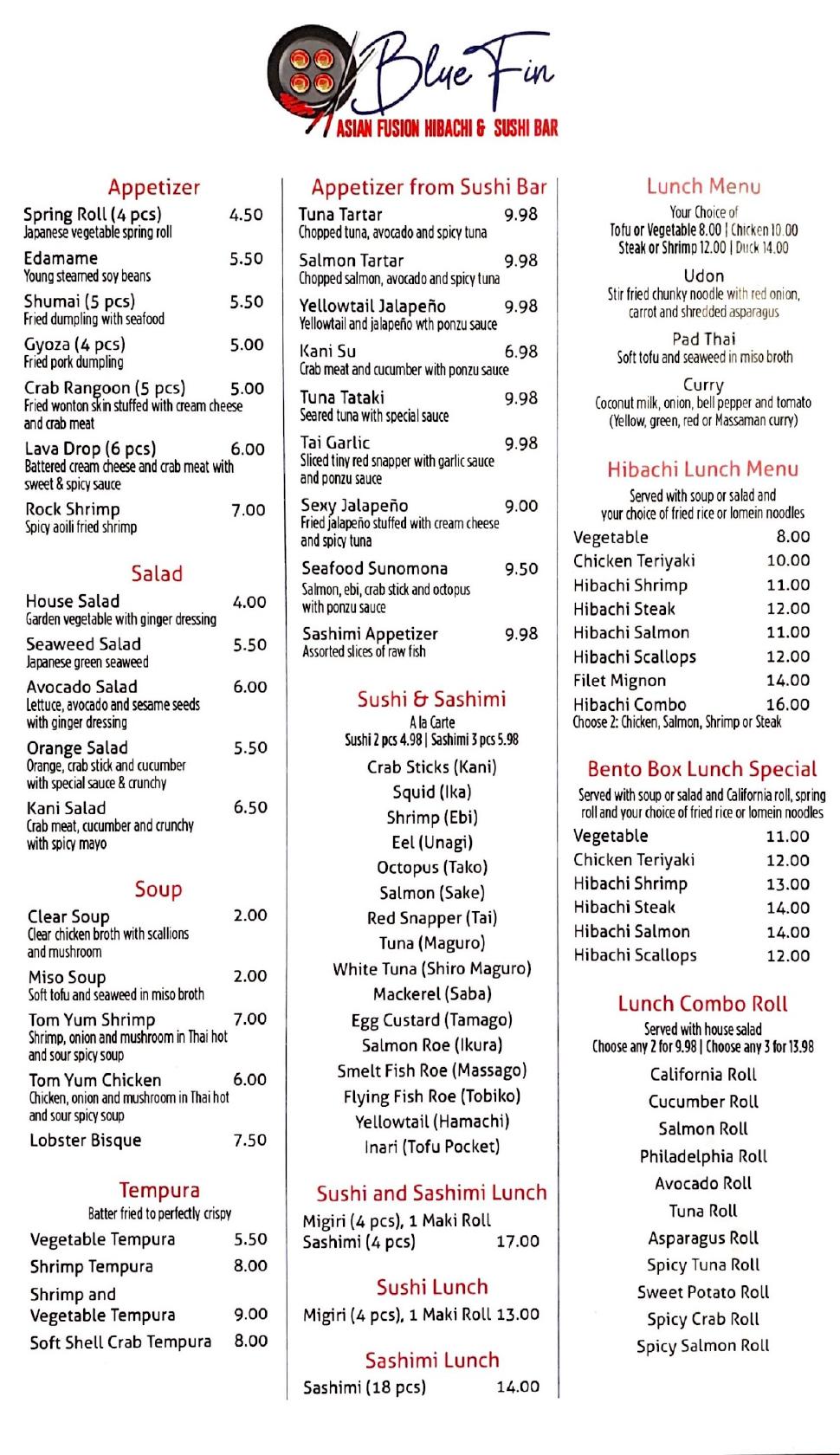 Menu at Blue Fin Asian Fusion Hibachi & Sushi Bar, Mentor