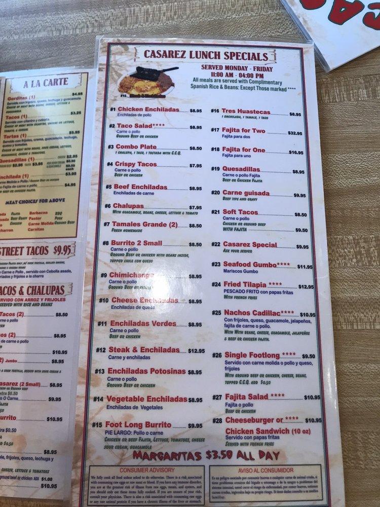 Menu at Casarez restaurant, Houston, 887 Edgebrook Dr