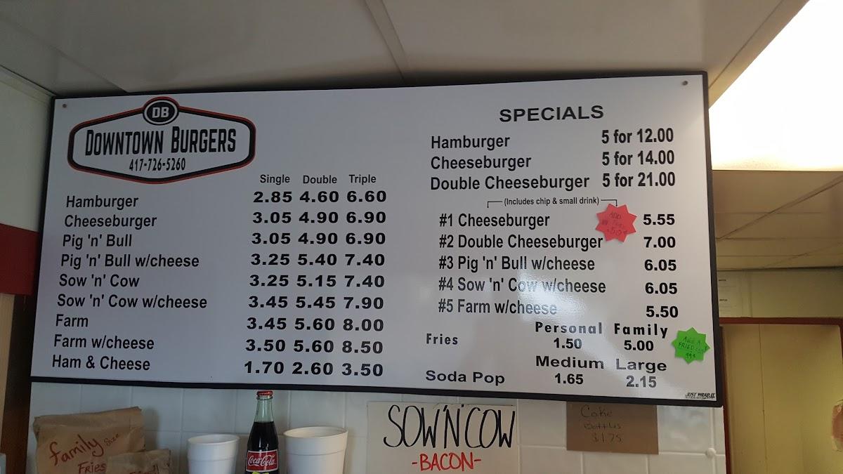 Menu at Downtown Burgers restaurant, Joplin