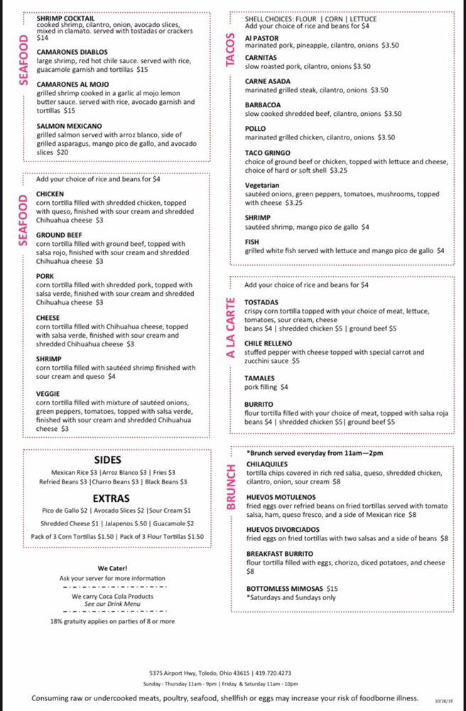 Menu at Frontera Sabores de México pub & bar, Toledo