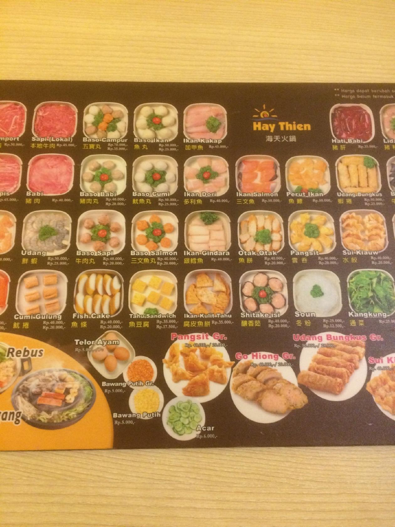 Menu at Hay Thien restaurant, West Jakarta, Jl. Puri Indah Raya A No.1