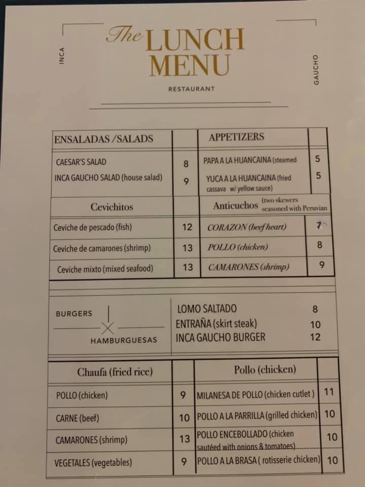 Menu at Inca & Gaucho Restaurant, White Plains