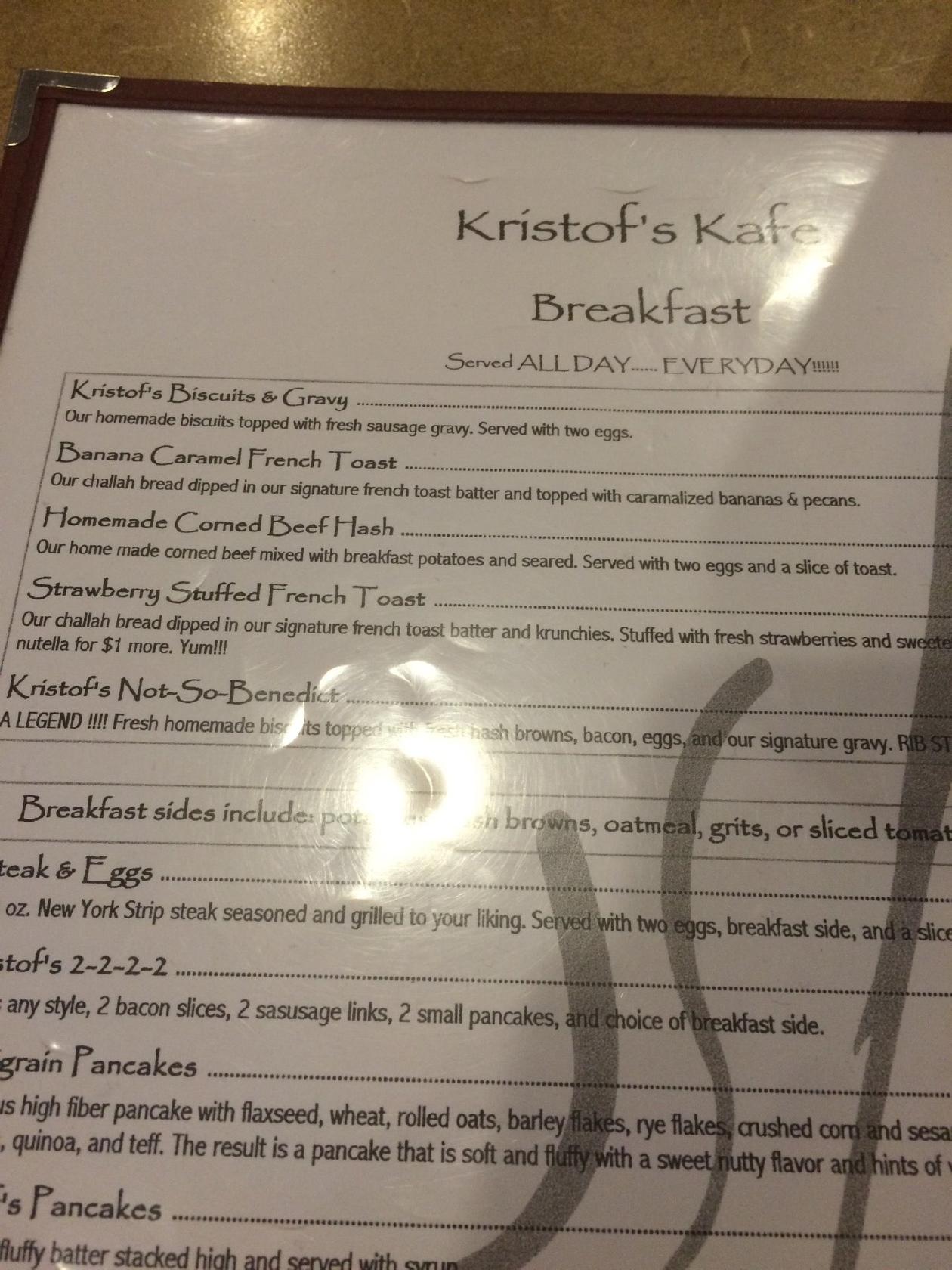 Menu at Kristof's Kafe cafe, Davie, W State Rd 84