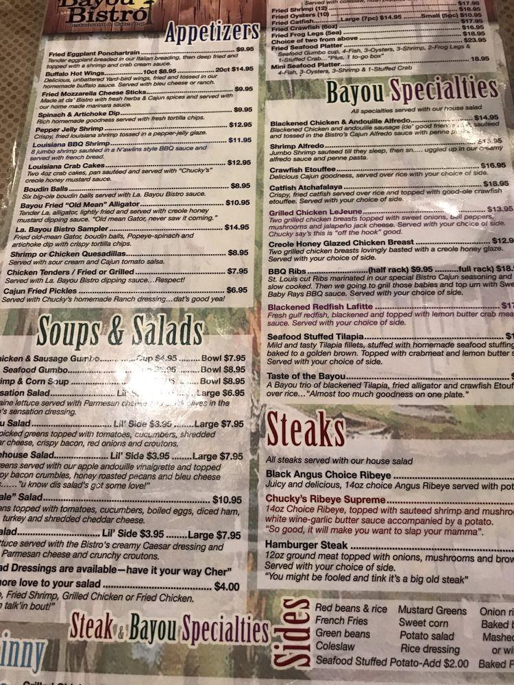 Menu at Louisiana Bayou Bistro steakhouse, Brusly