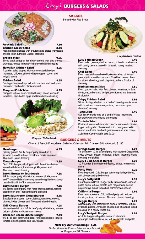 Menu at Lucy's Diner restaurant, Fontana