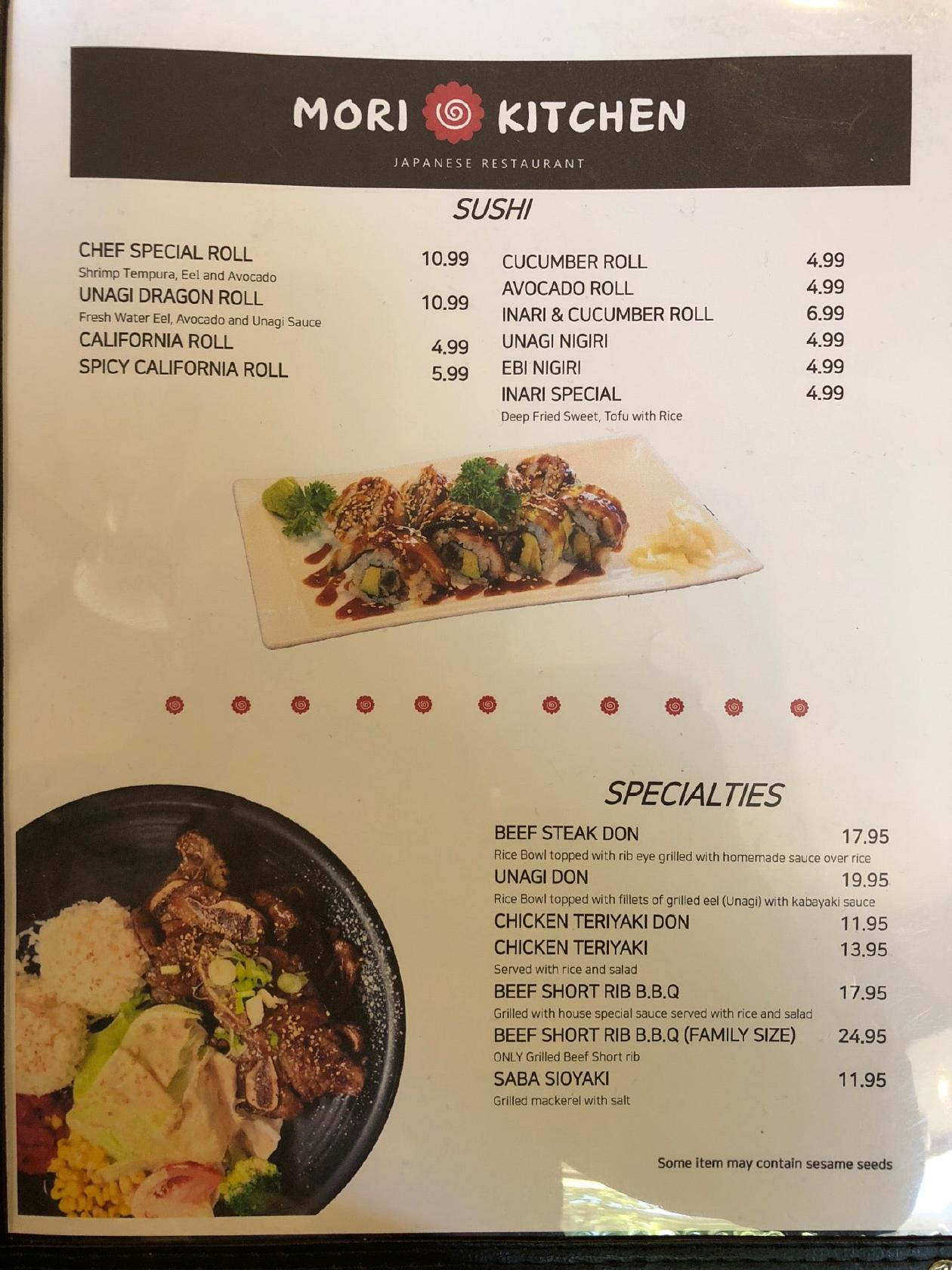 Menu at Mori Kitchen restaurant, San Jose