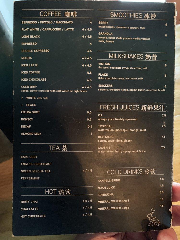 Menu at The Rabbithole cafe, Darwin City