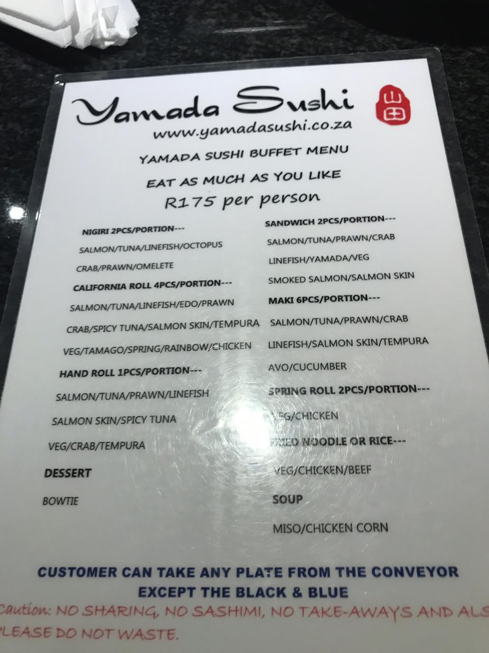 Menu at Yamada Sushi restaurant, Johannesburg, Cnr Rivonia and Mutual road