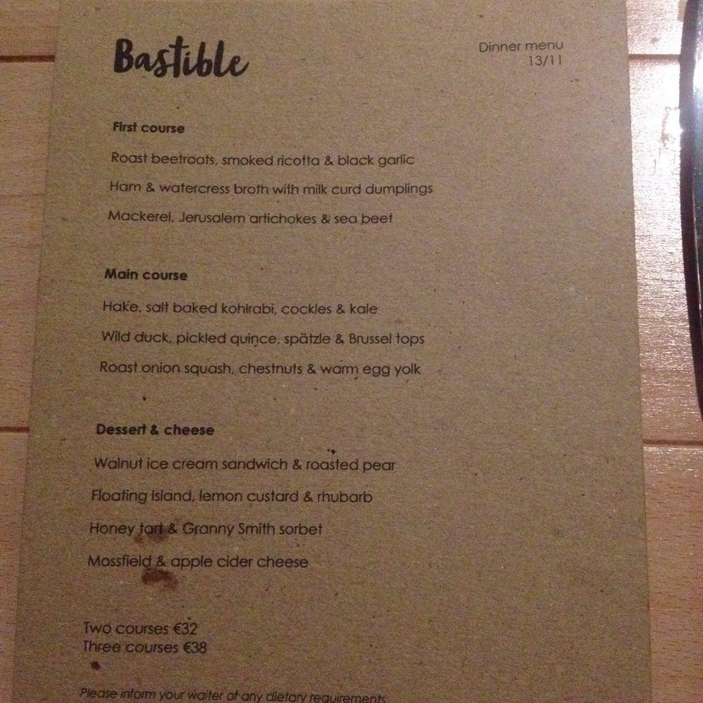 Menu at Bastible restaurant, Dublin