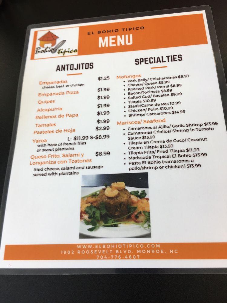 Menu at Bohio Tipico restaurant, Monroe