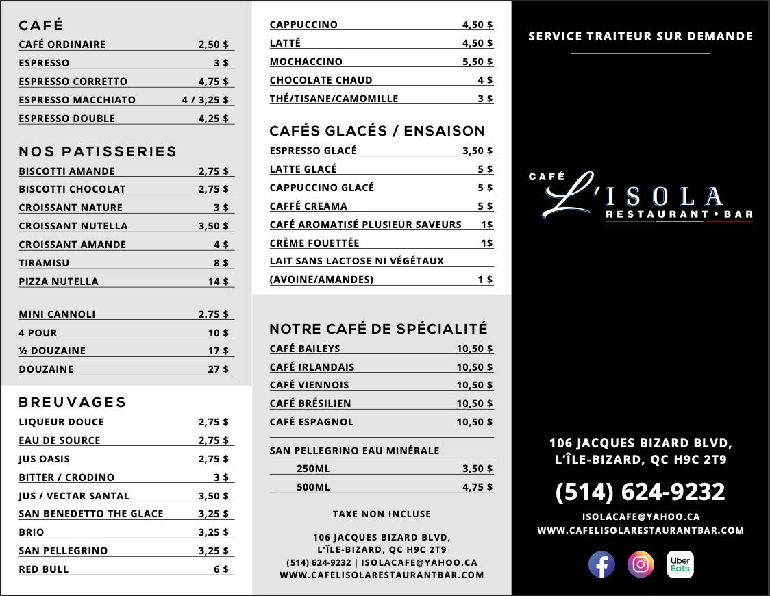 Menu at Café L'Isola Restaurant Bar, Canada