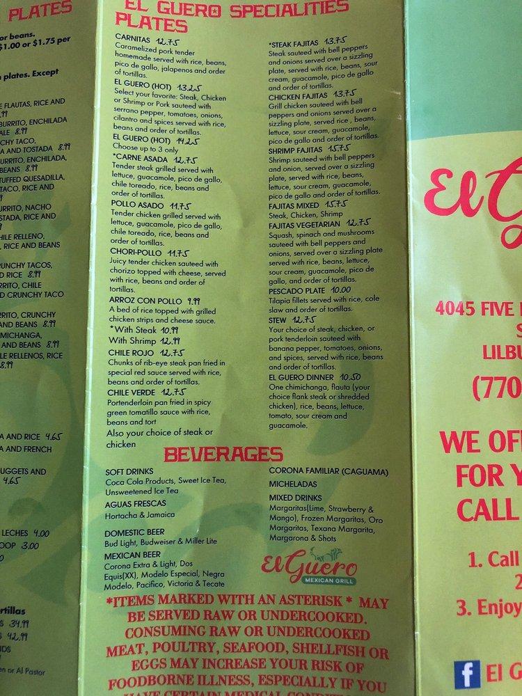 Menu at El Guero Mexican Grill restaurant, Lilburn