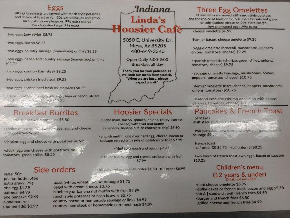 Menu at Linda's Hoosier Cafe, Mesa, E University Dr UNIT 101