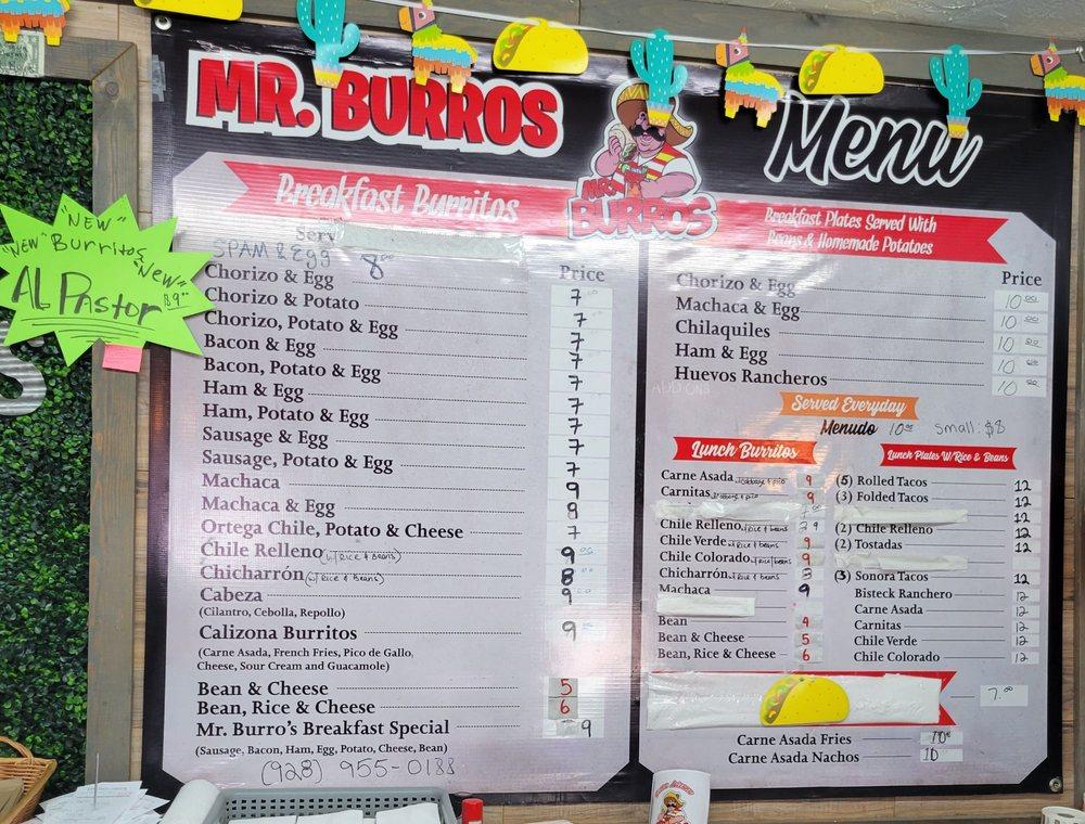 Menu at MR Burros restaurant, Yuma