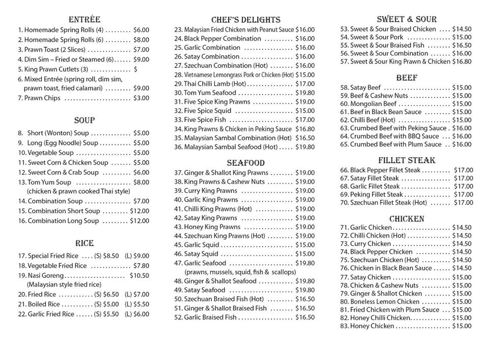 Menu at Mr Foongs fast food, Wallsend