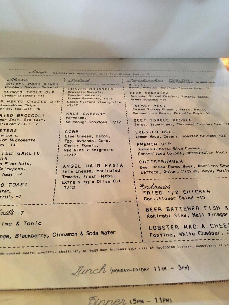 Menu at Pinewood club, Nashville
