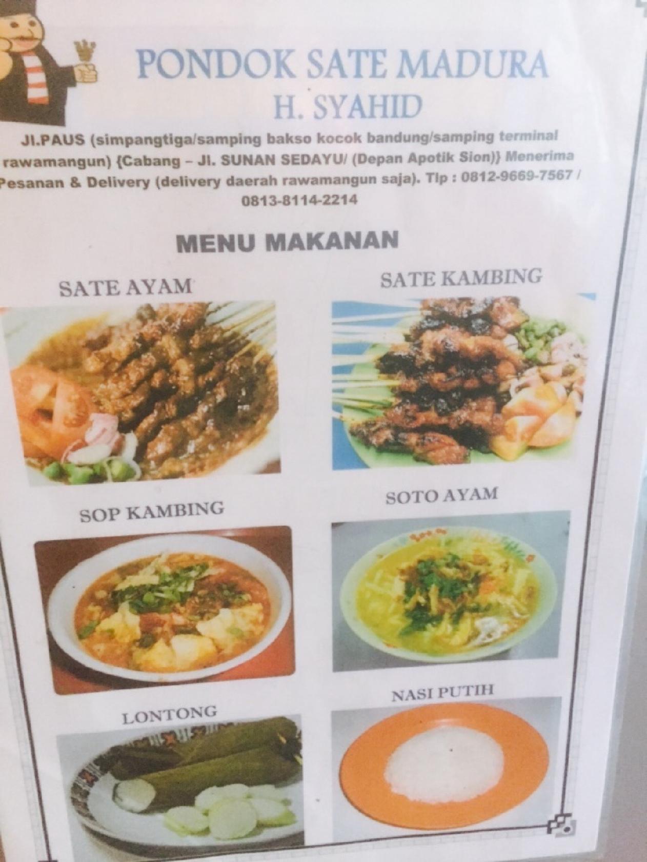 Menu at Pondok Sate Madura restaurant, Jakarta, Jl. Paus - Rawamangun