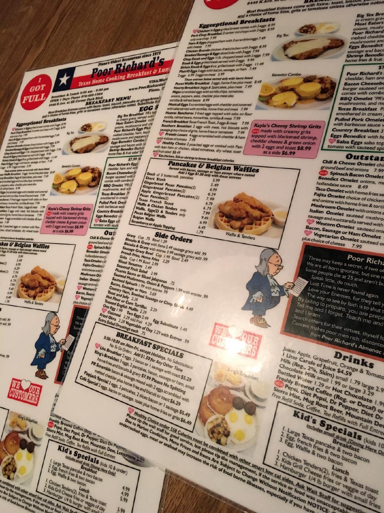Menu at Poor Richard's Cafe, Plano