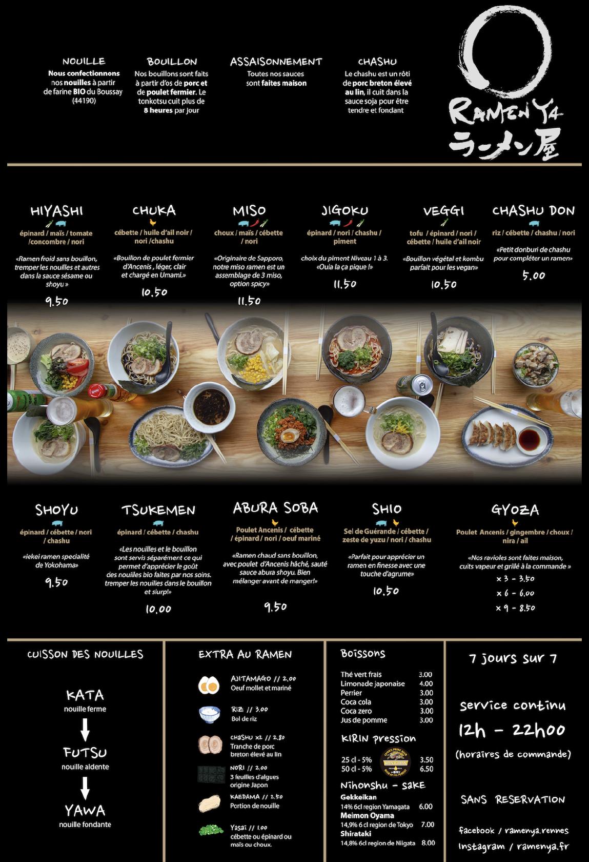 Menu at Ramen ya restaurant, Rennes