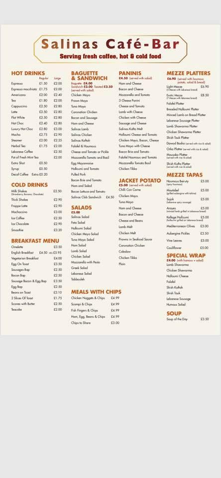 Menu at Salinas coffee & mezzeh restaurant, Didcot