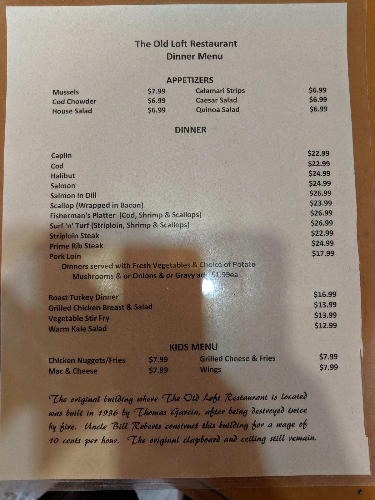 Menu at The Old Loft Restaurant, Bonne Bay, 8 Water St