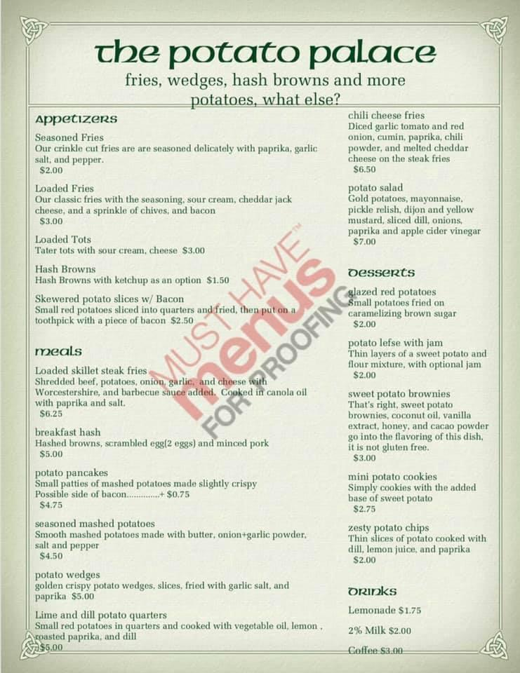 Menu at The Potato Palace restaurant, Woodbury