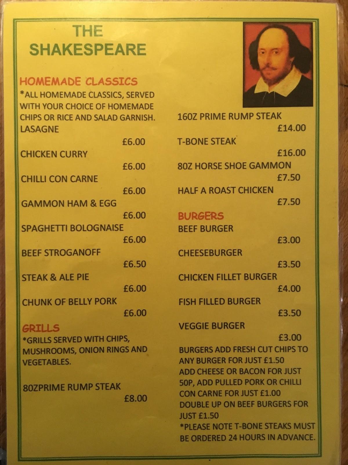 Menu at The Shakespeare Pub and Kitchen, Bicester