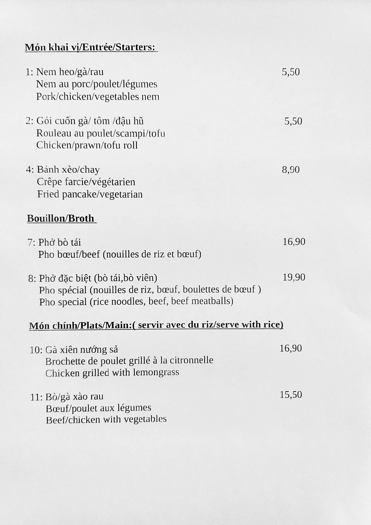 Menu at Xin Chào Vietnamese cuisine restaurant, Luxembourg City