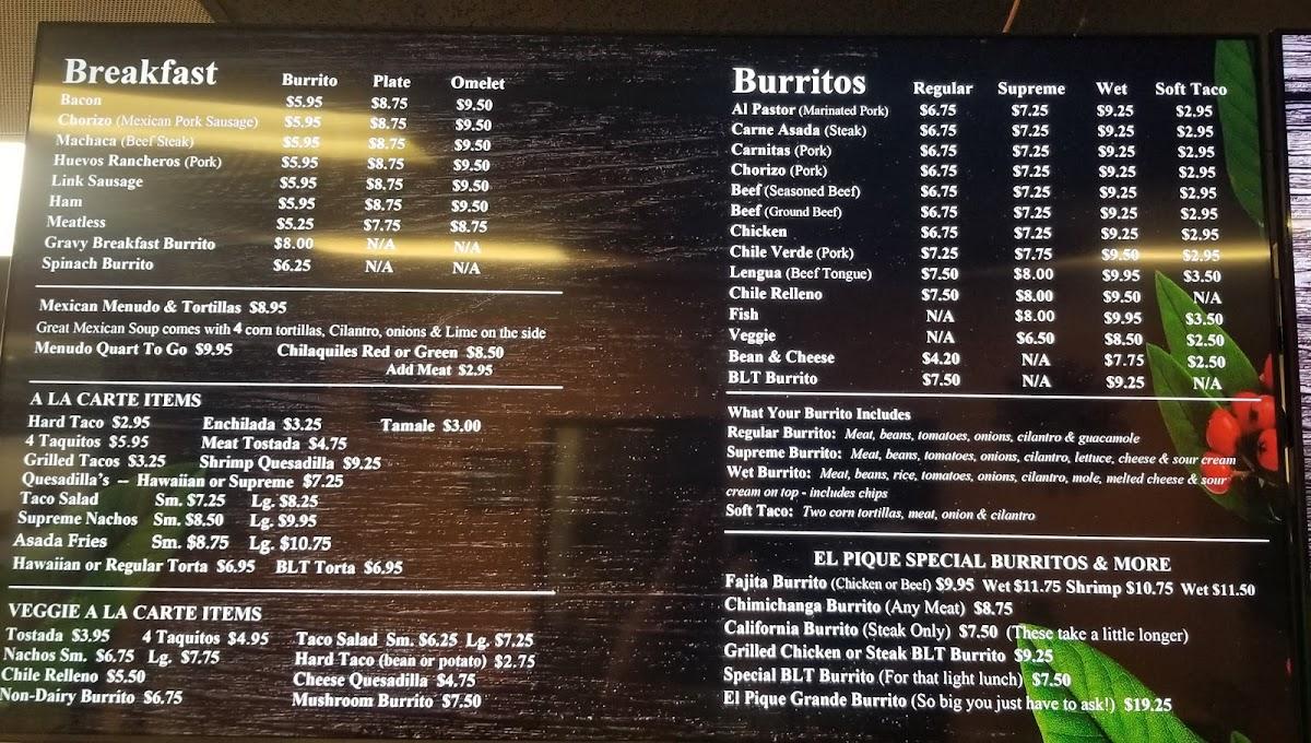Menu at El Pique Mexican Food restaurant, Springfield, Main St