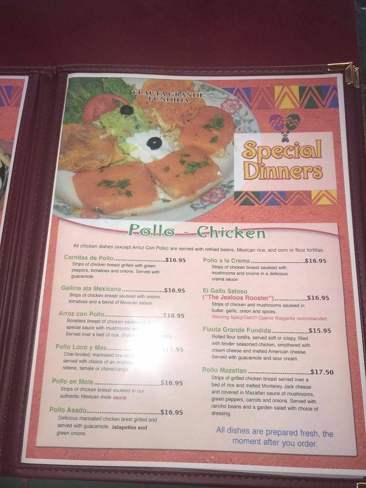 Menu at El Rancho Viejo restaurant, Battle Ground