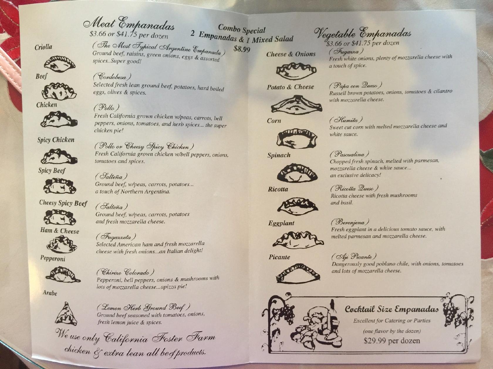 Menu at Empanada's Place restaurant, Los Angeles, Sawtelle Blvd