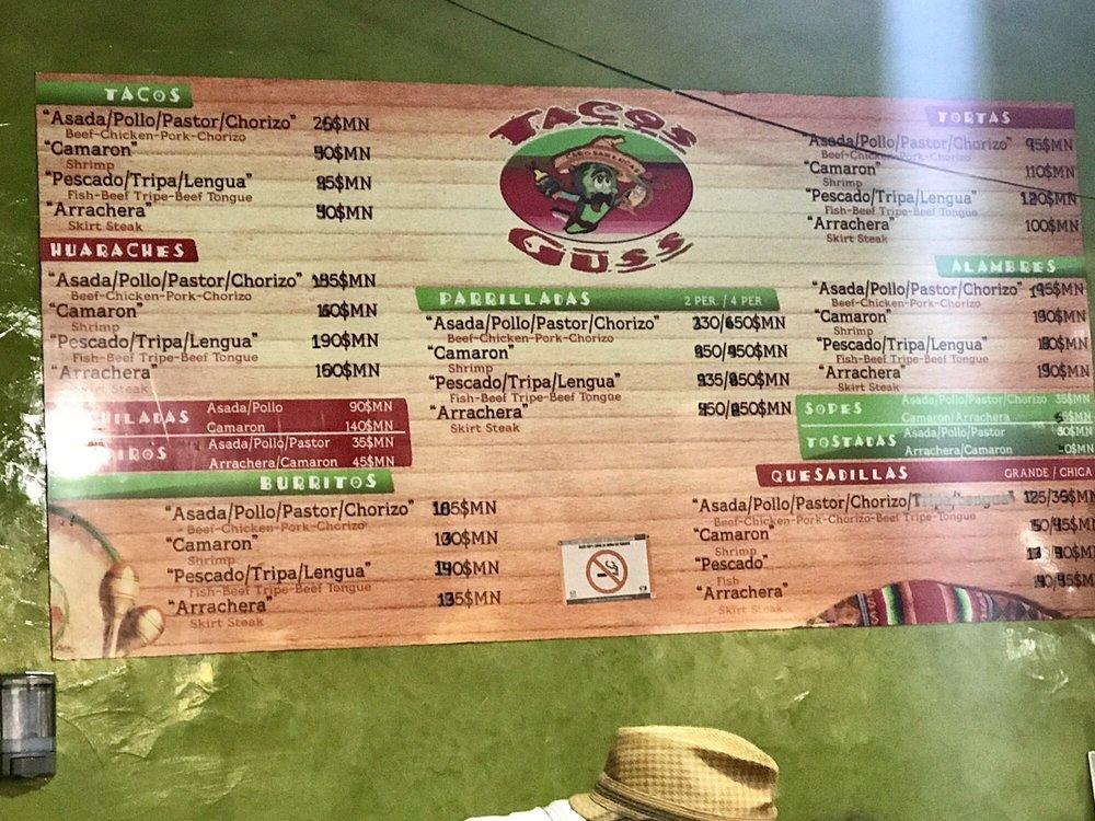 Menu at Guss Tacos restaurant, Cabo San Lucas, Blvd Lazaro Cardenas ...