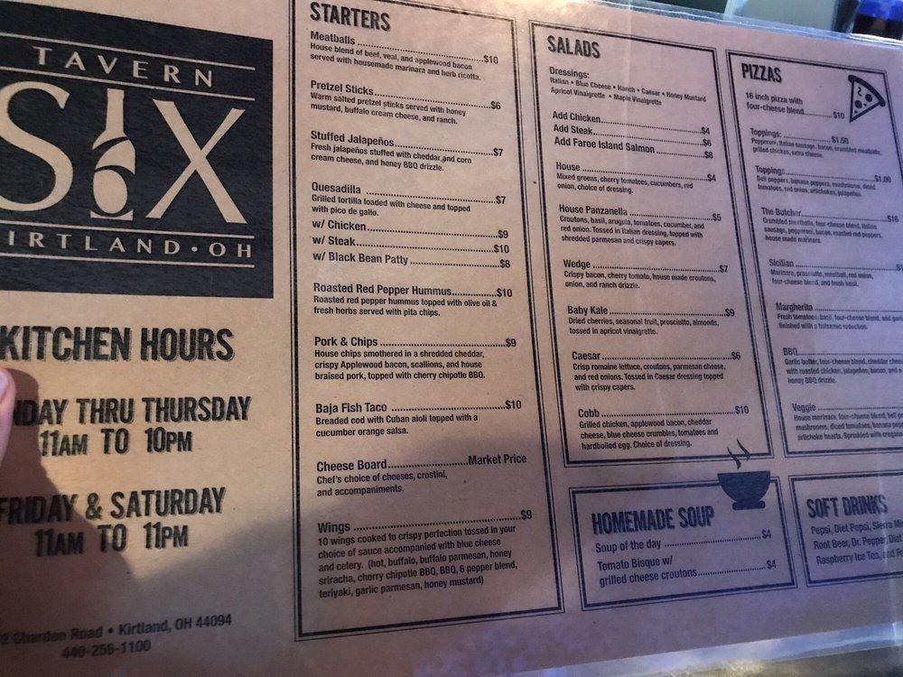 Menu at Tavern Six pub & bar, Kirtland, Euclid Chardon Rd