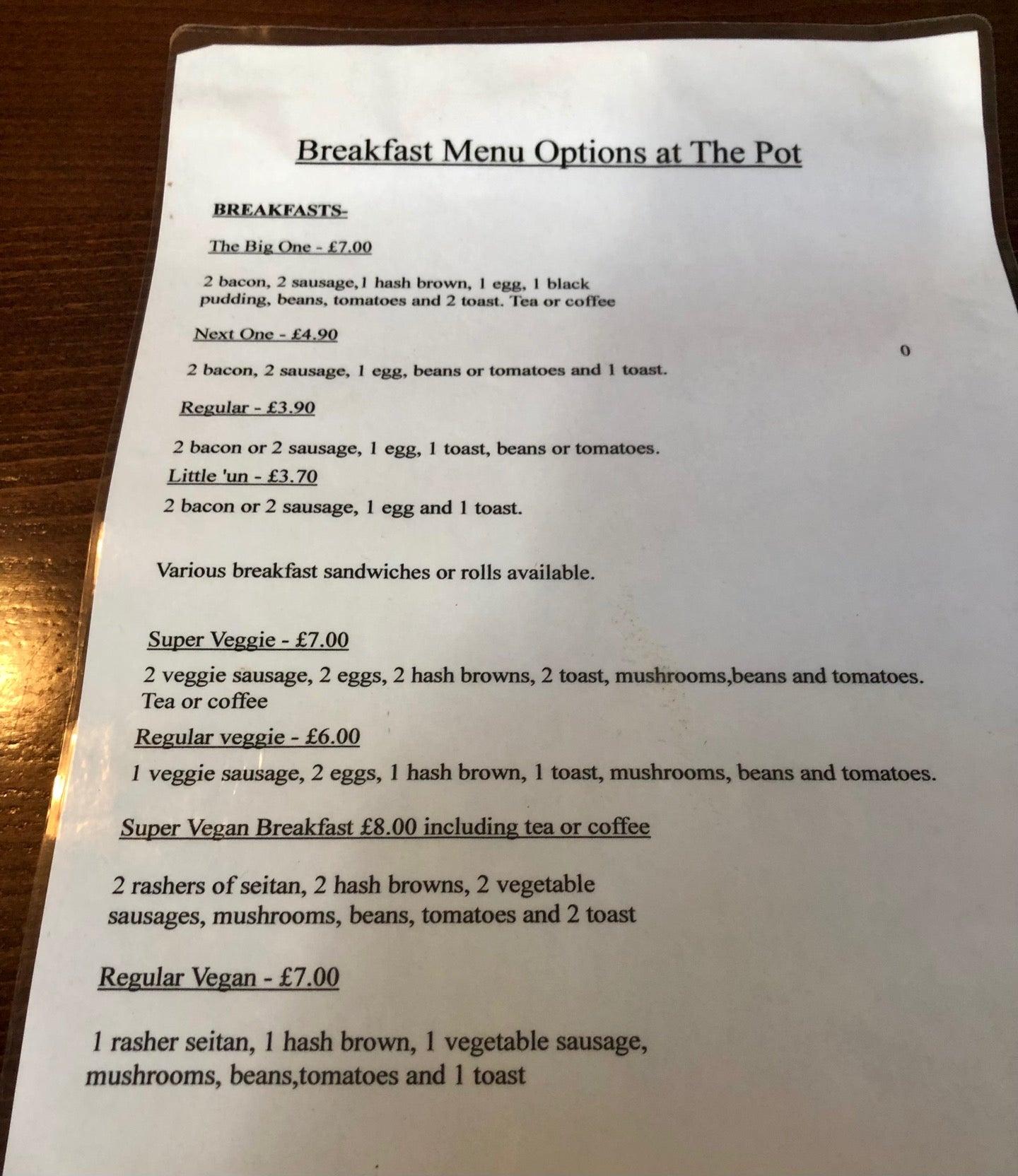 Menu at The Pot cafe, Newport