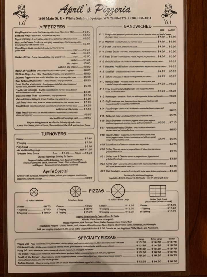 Menu at April's Pizzeria, White Sulphur Springs, 705 Main St E
