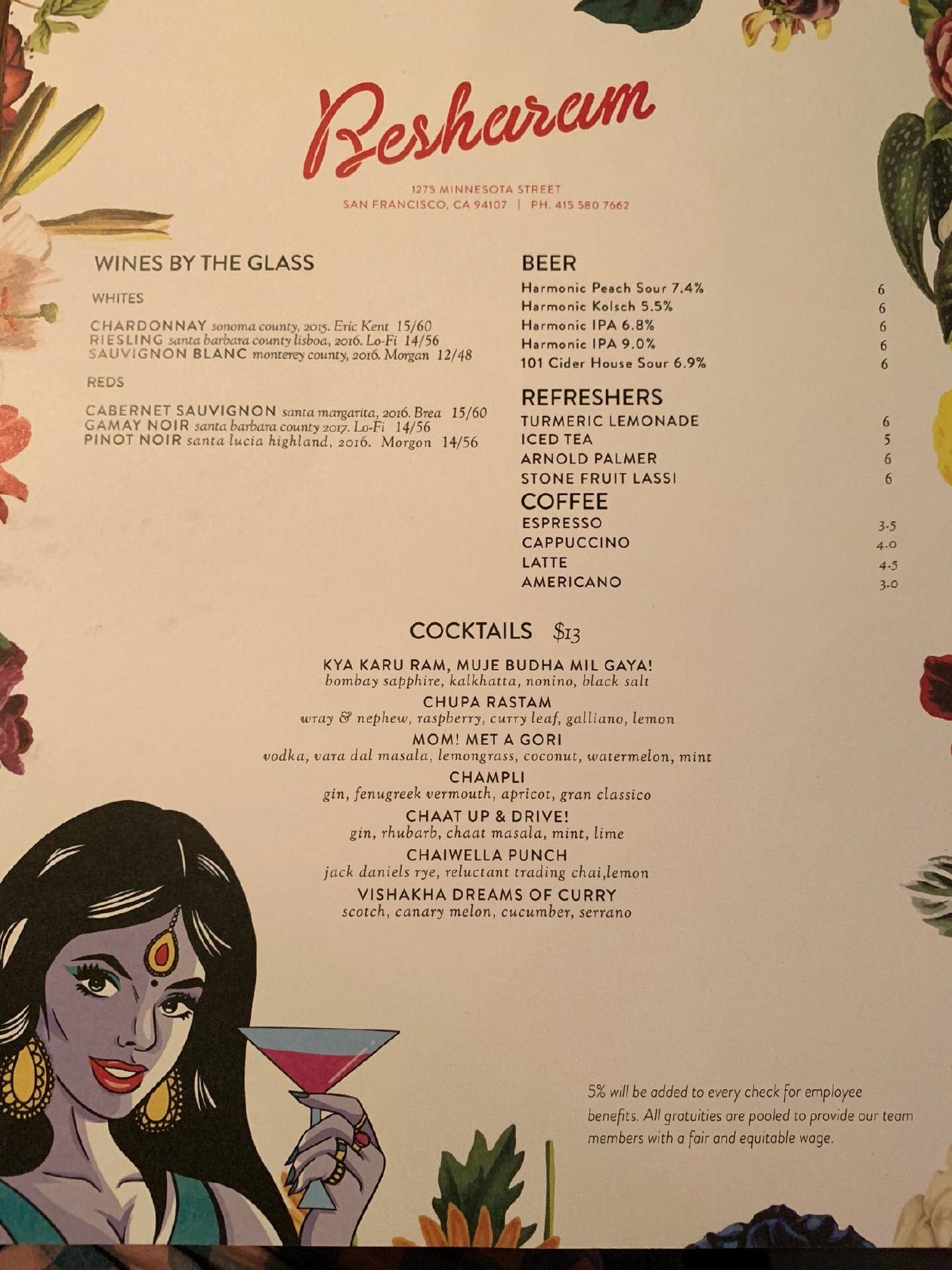 Menu at Besharam restaurant, San Francisco