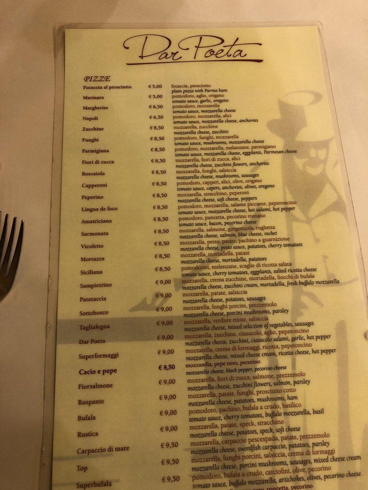Menu at Pizzeria Dar Poeta, Rome, Vicolo del Bologna