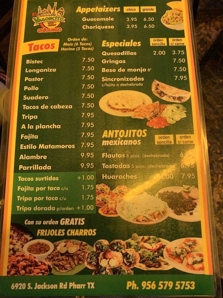 Menu at El Vagoncito Chilango restaurant, Pharr, S Jackson Rd