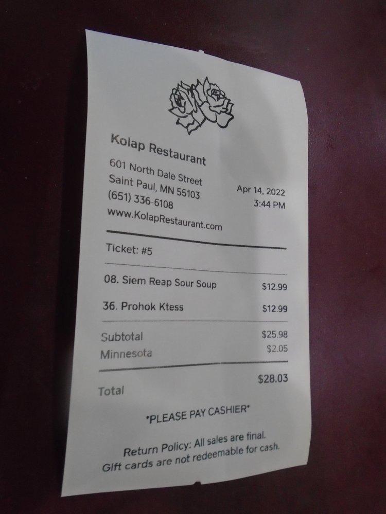 Menu at Kolap Restaurant, Saint Paul