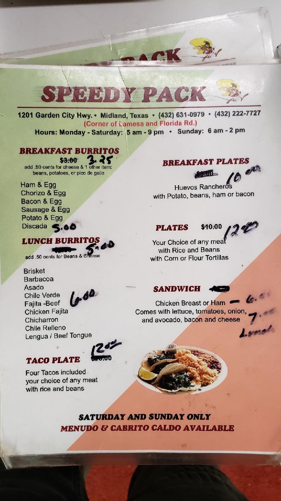 Menu at Olvera's Speedy Pack (Food) restaurant, Midland