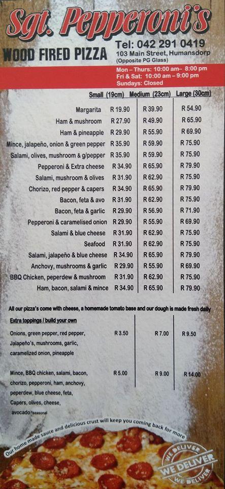 Menu at Sgt. Pepperoni's Humansdorp Humansdorp pizzeria, Humansdorp