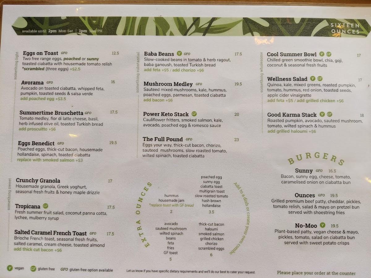 Menu at Sixteen Ounces cafe, Victoria Park