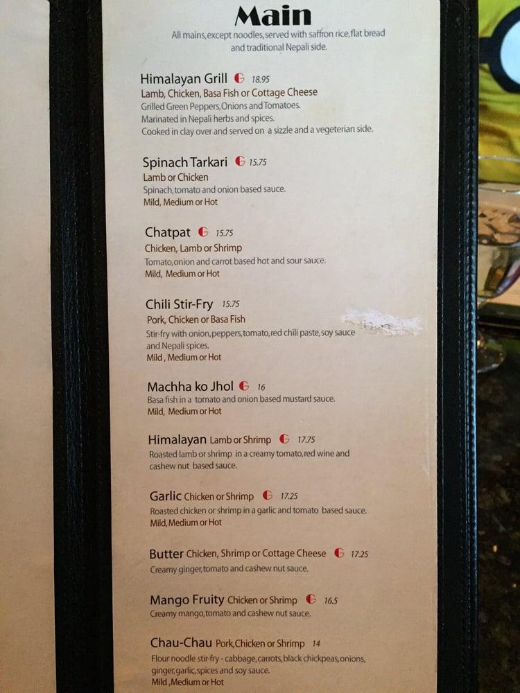 Menu at The Himalayan restaurant, Calgary