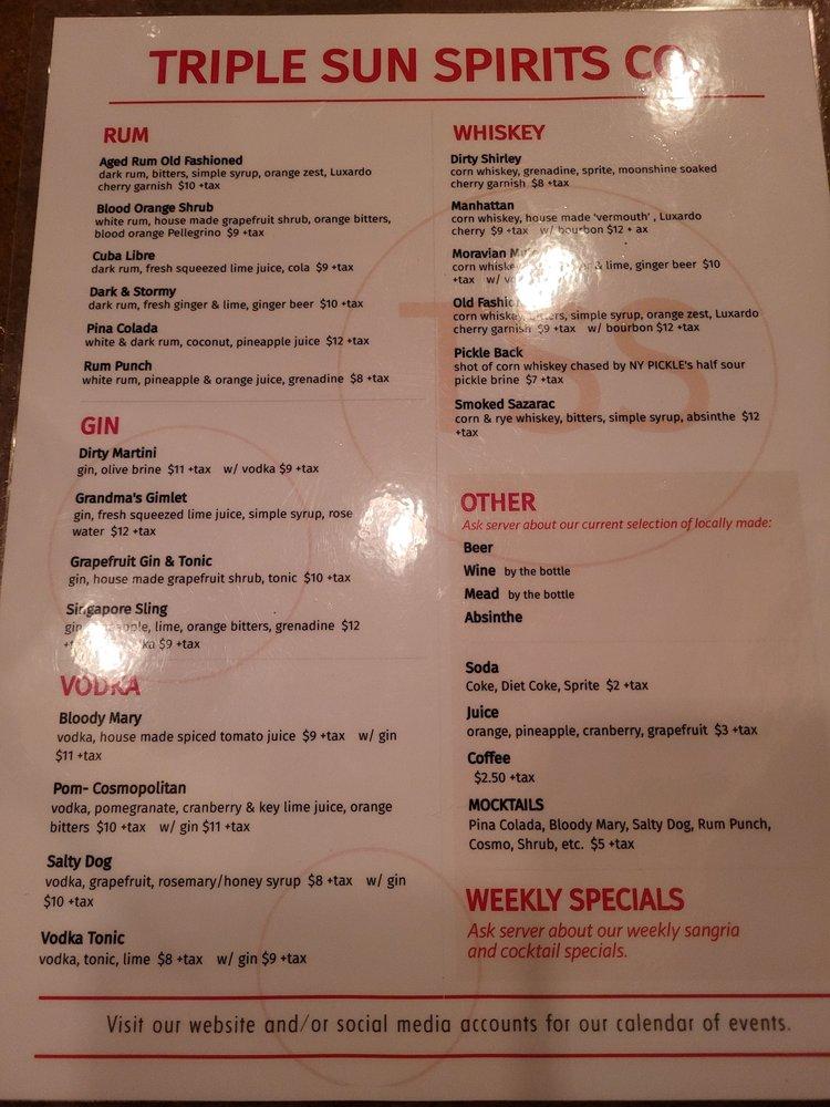 Carta del pub y bar Triple Sun Spirits Co. - Emmaus, Emmaus