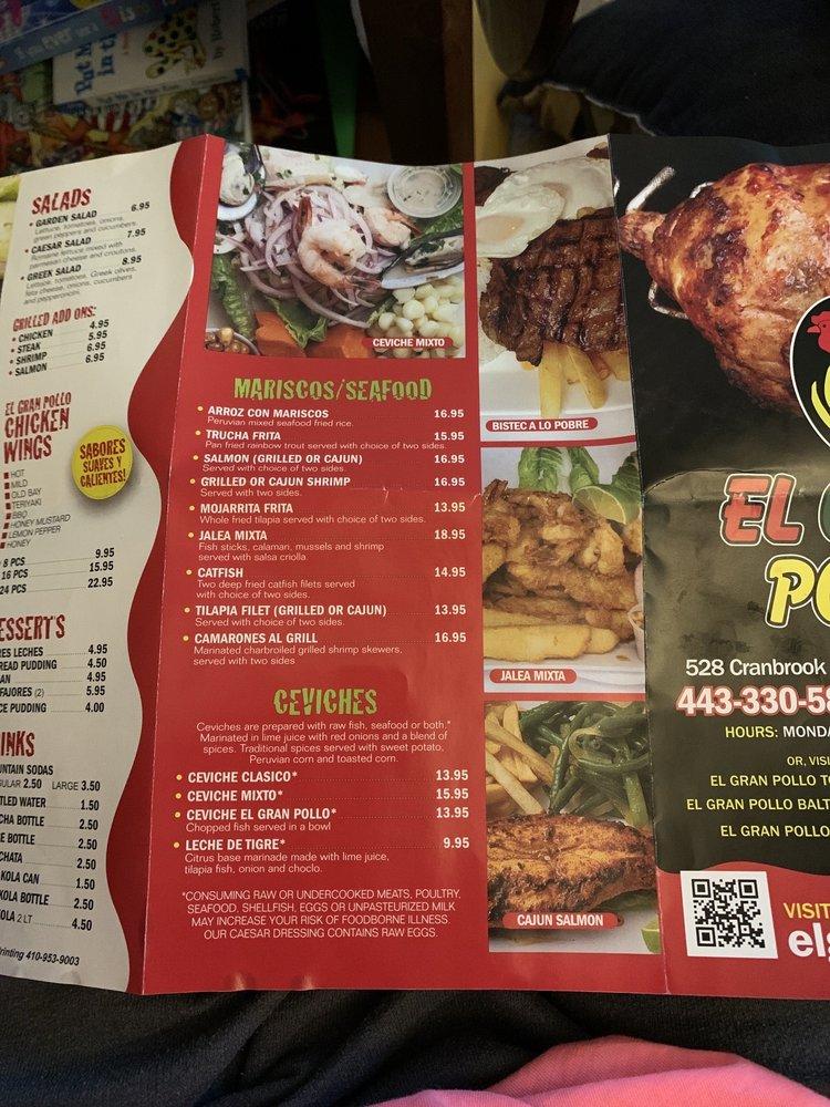 Menu at El Gran Pollo restaurant, Cockeysville