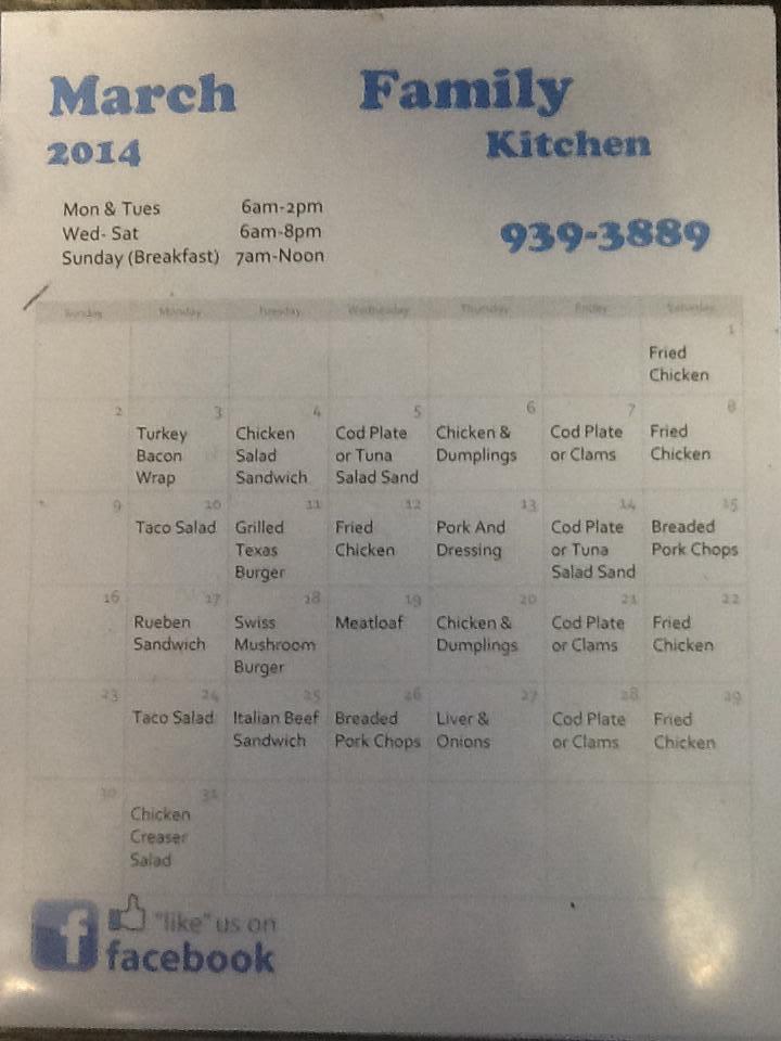 Menu at Family Kitchen restaurant, Waterloo