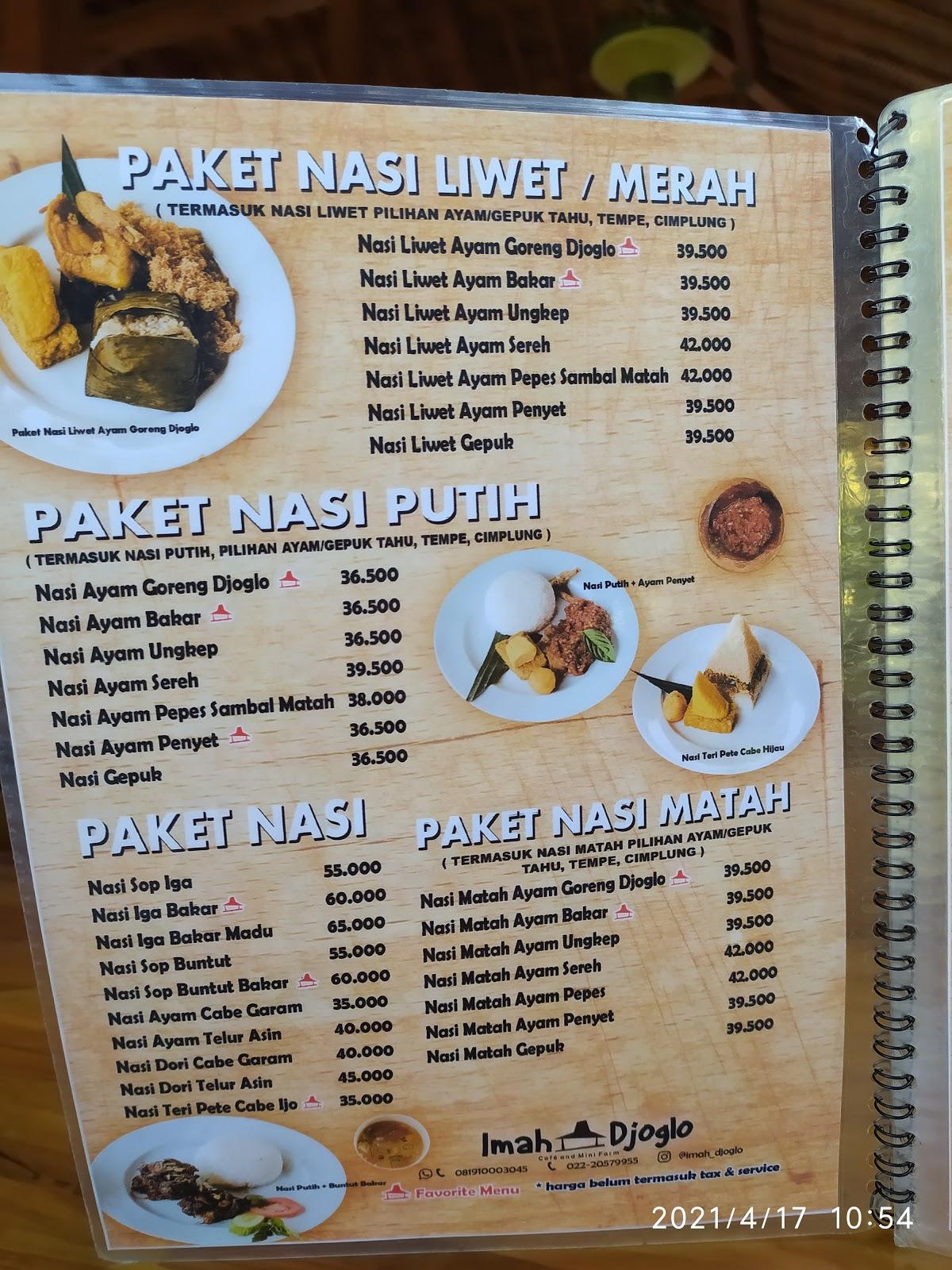 Menu at Imah Djoglo restaurant, Bandung