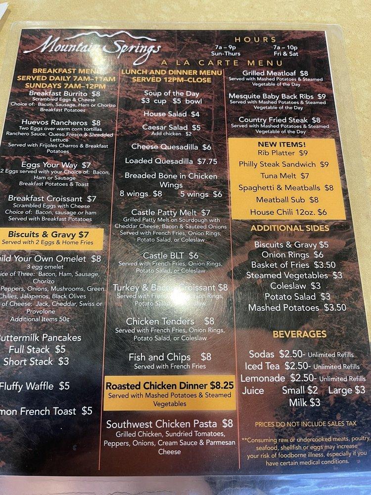 Menu at Mountain Springs Buffet restaurant, Camp Verde